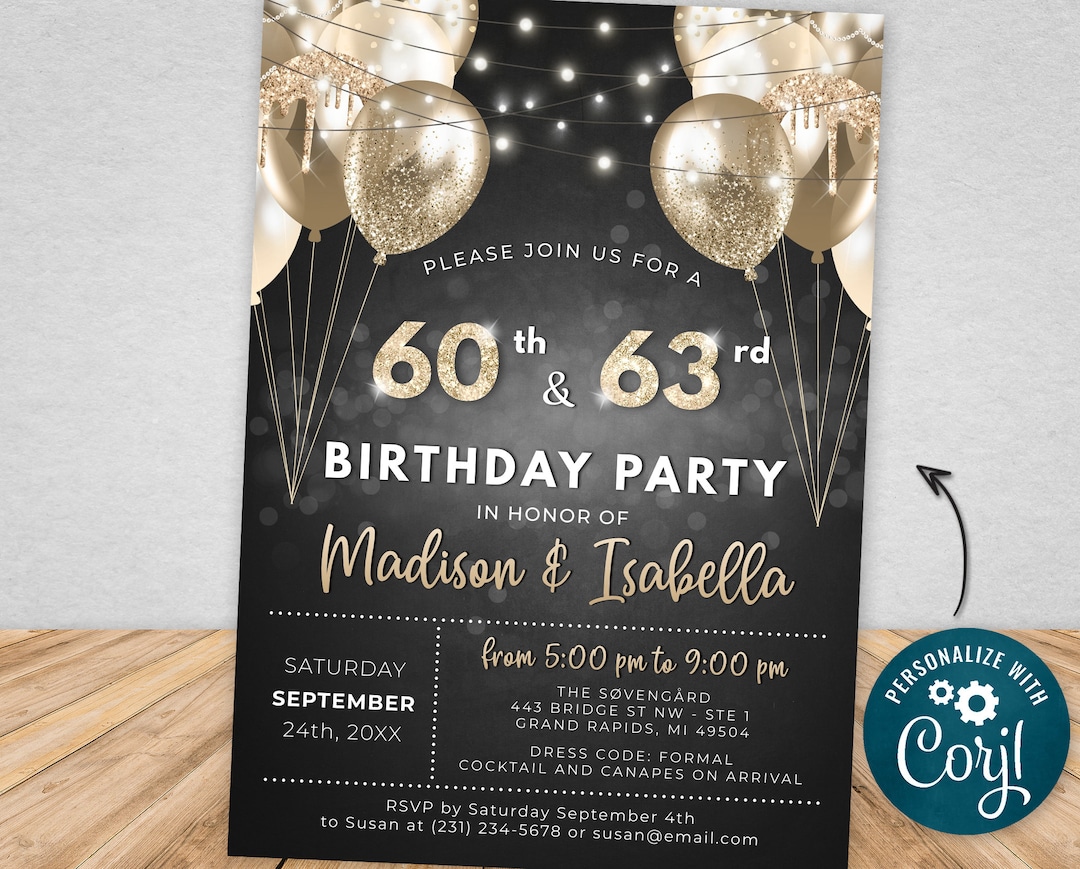 Dual Joint Birthday Invitation Double Birthday, Champagne Gold Glitter ...