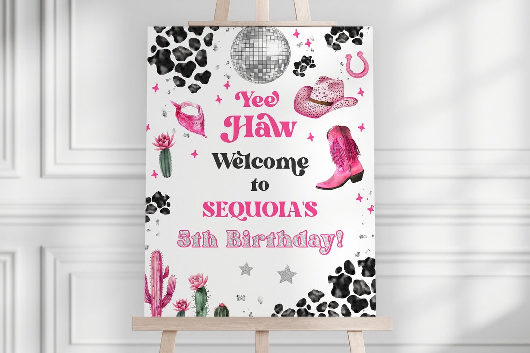 Editable Space Cowgirl Welcome Sign - Pink Disco Cowgirl Party ...