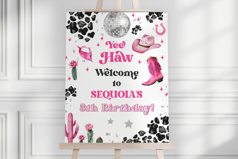 Editable Space Cowgirl Welcome Sign - Pink Disco Cowgirl Party ...