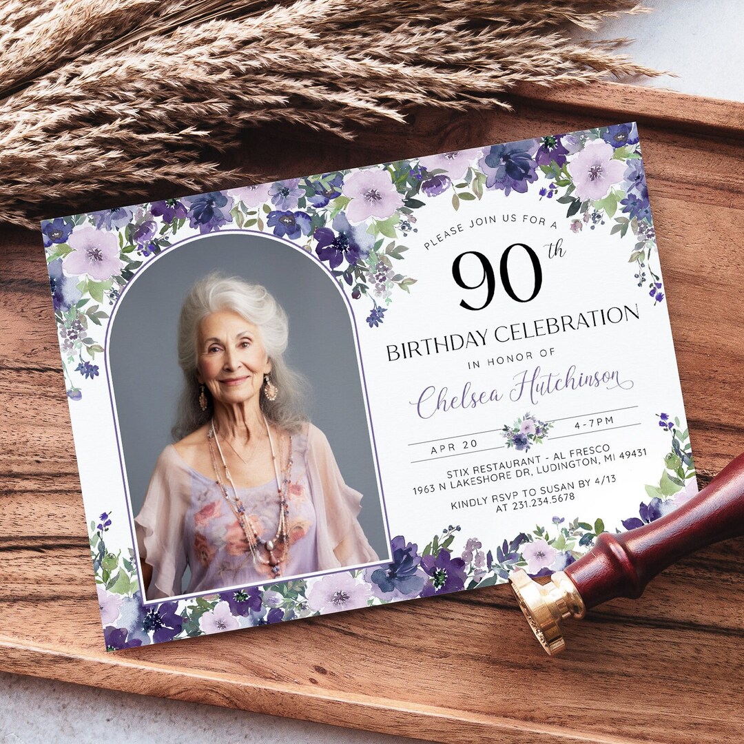 Editable 90th Birthday Photo Invitation Adult 90th Birthday Invite ...