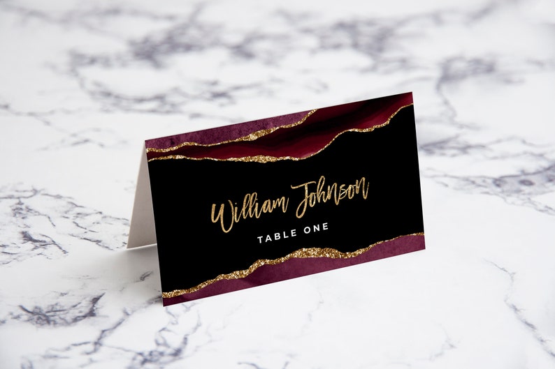 Burgundy Red and Gold Place Card Template - Editable Tent Card Template ...