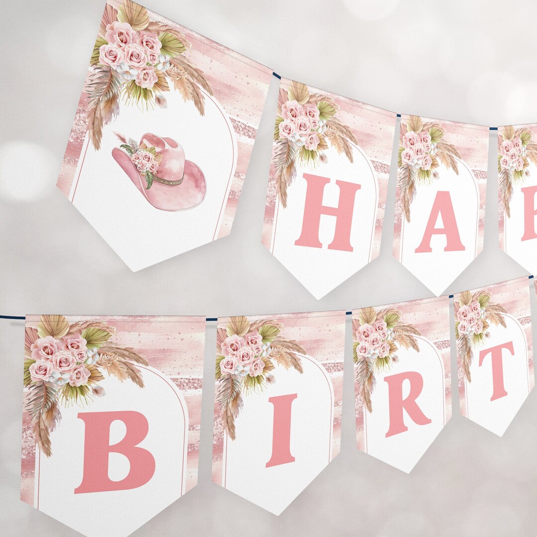 Boho Pink Cowgirl Girl Birthday Happy Birthday Bunting Banner Template ...
