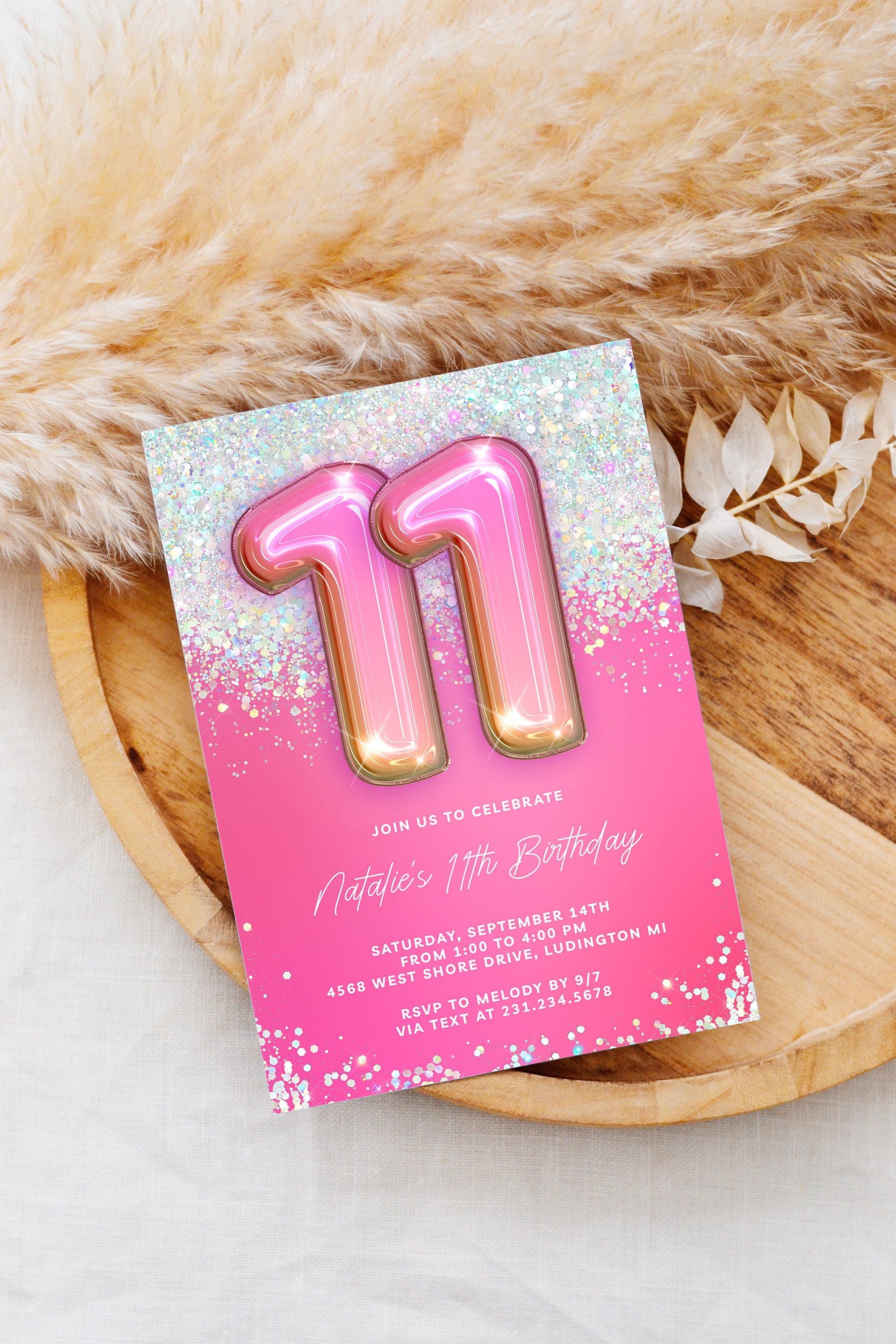 Editable Pink 11th Birthday Invitation Template - Pink Glitter Birthday ...