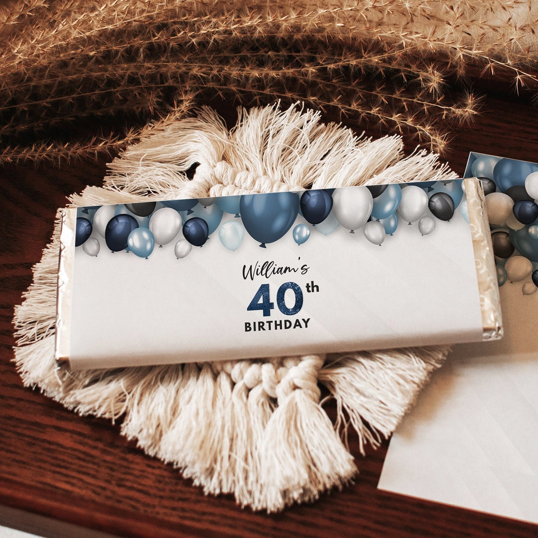 Any Age Chocolate Bar Label - Black, Blue & White Birthday Party Decor ...