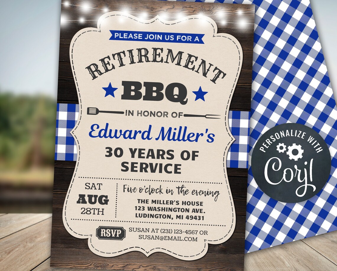 Retirement BBQ Invitation Party Invite Retire Rustic Blue Tablecloth ...