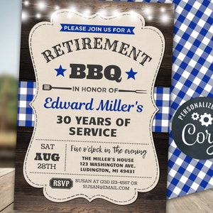 Retirement BBQ Invitation Party Invite Retire Rustic Blue Tablecloth ...