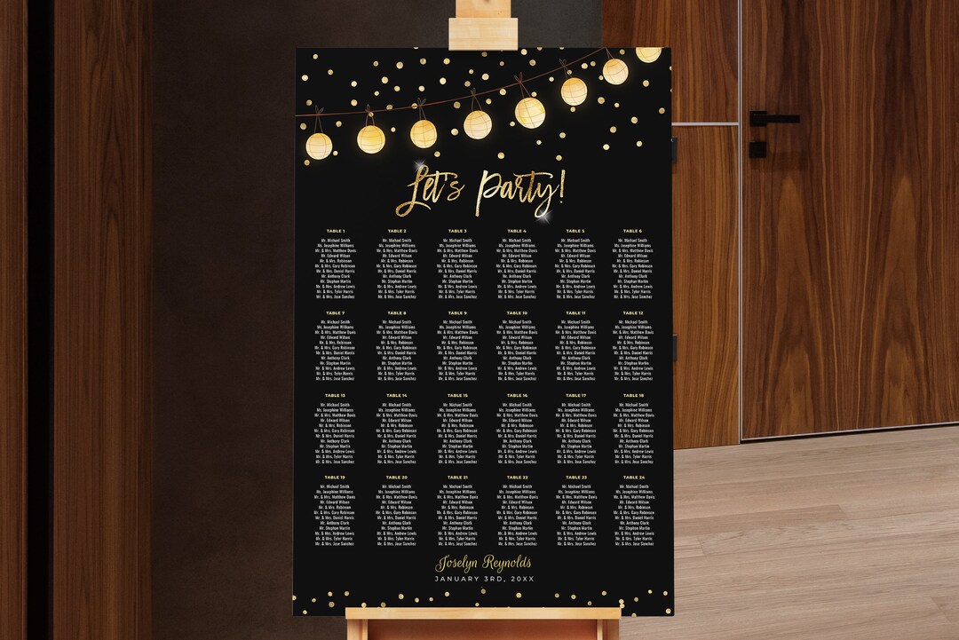 Party Seating Chart Black Gold Glitter Lights Party Seating Chart ...