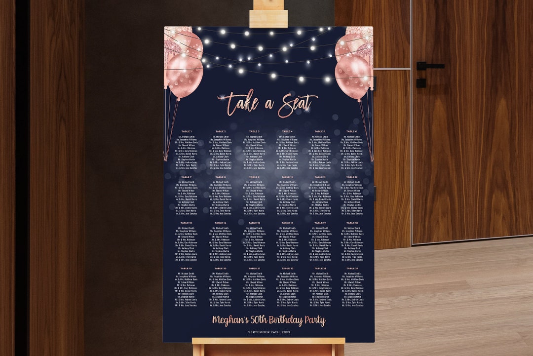 Party Seating Chart - Rose Gold and Navy Seating Chart - Digital ...