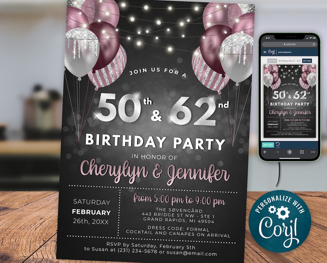 Double Birthday Invitation Dual Joint Black Silver Mauve Purple Glitter ...