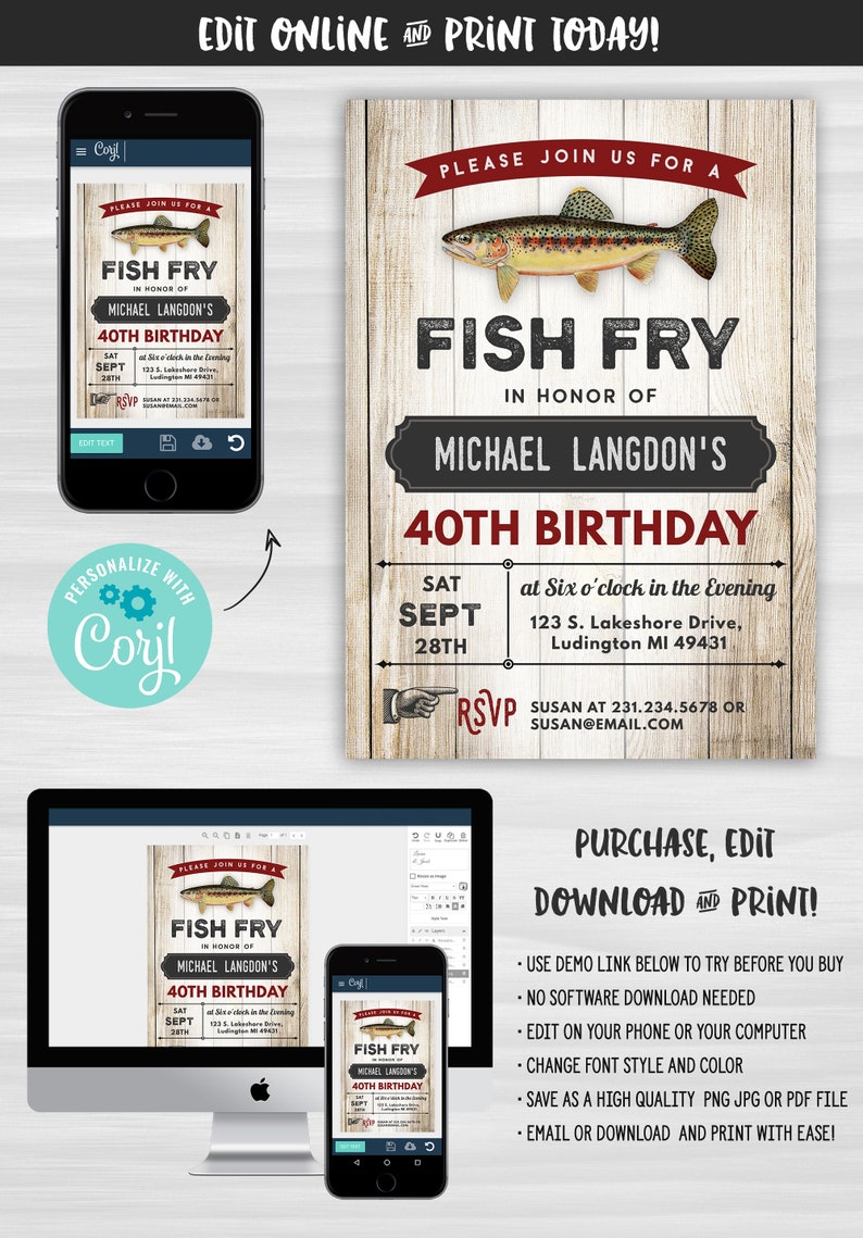 ANY AGE Fish Fry Invitation Birthday Party Invite Digital | Etsy