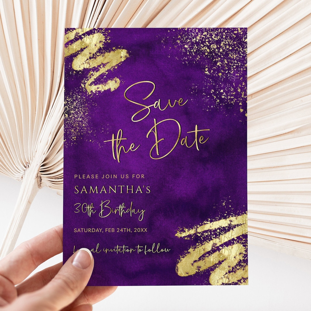 Luxury Purple & Gold Save the Date Card Template - Editable Save the ...