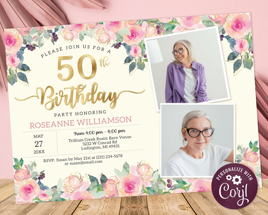 50th Birthday 2 Photo Invitation Adult FIFTY Birthday Invite Gold ...