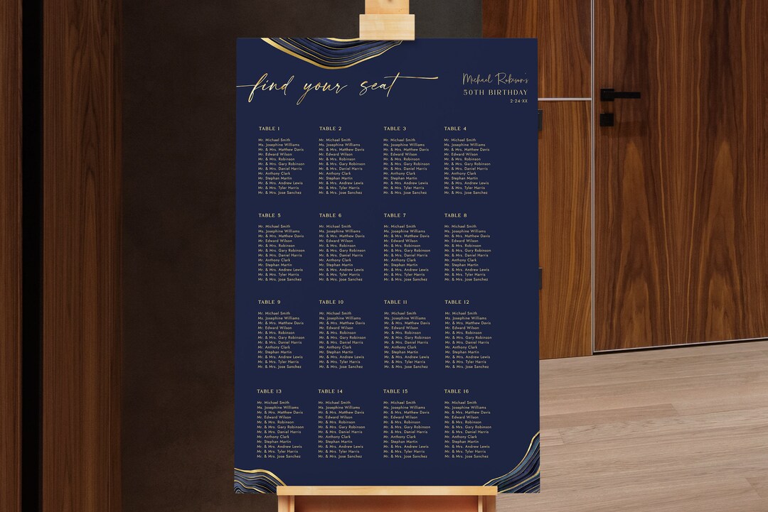 Blue and Gold Seating Chart - Modern Seating Chart - Digital INSTANT ...