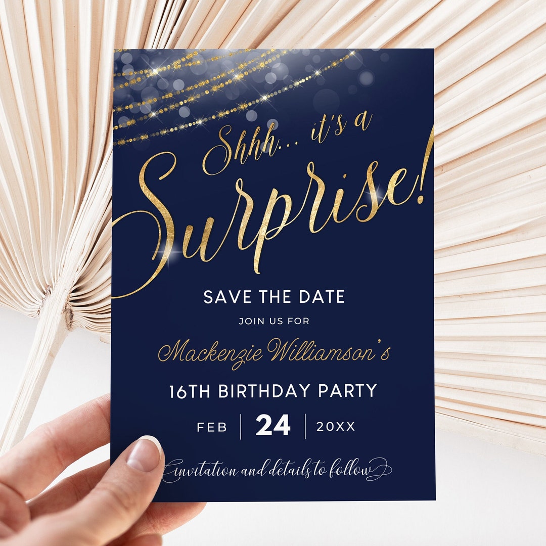 Editable Surprise Save the Date Template - Blue and Gold Birthday ...