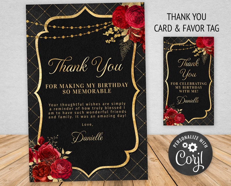 Editable Thank You Card + Tag Template - Black and Gold With Red Roses ...