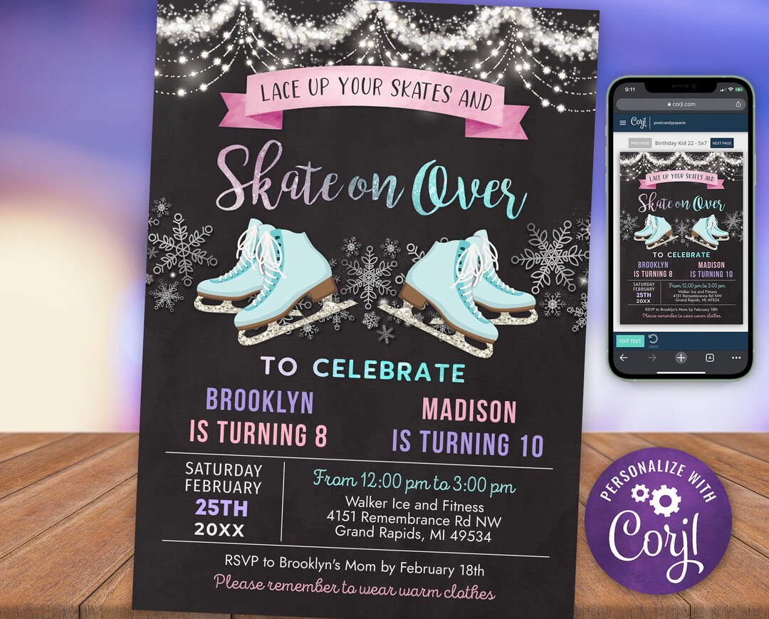 Joint Ice Skating Birthday Invitation - 2 Girls Ice Skating Birthday ...