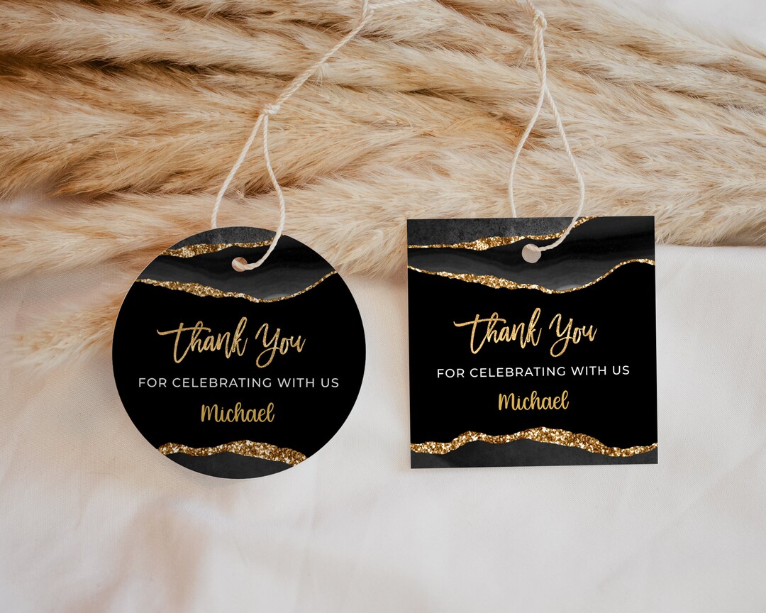 Black and Gold Favor Tag Template - Gift Tag Template, Glitter Sparkle ...