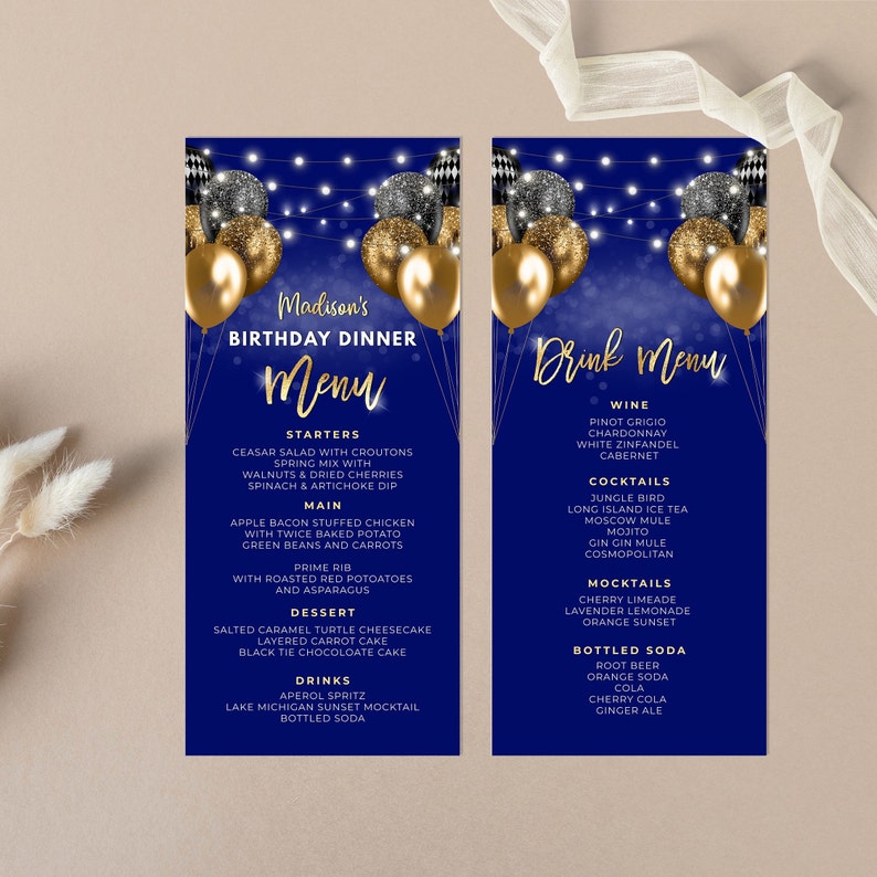Navy Blue & Gold Menu Card - Menu Template and Drink Menu Event Menu ...