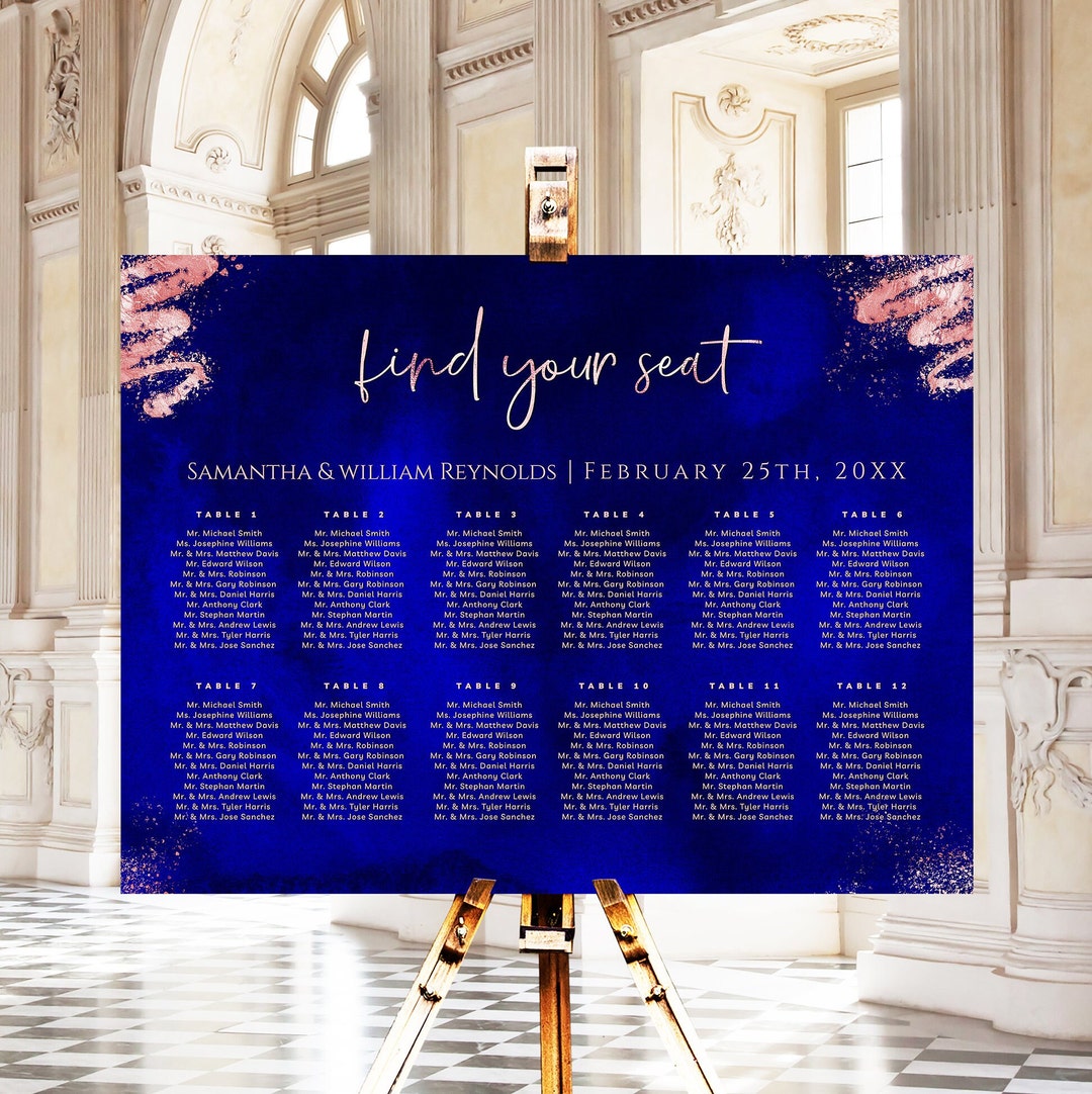 Wedding Seating Chart Royal Blue Rose Gold Glitter Landscape Seating ...