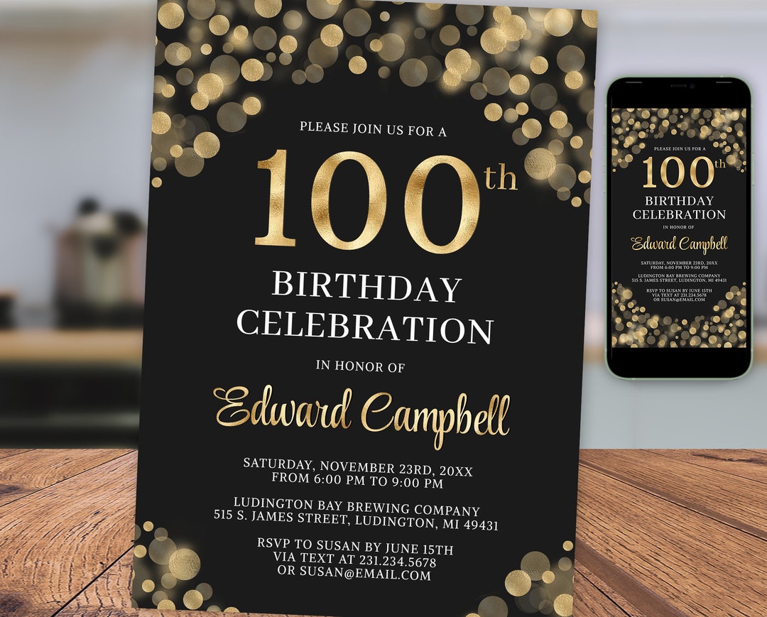 Elegant Black and Gold 100th Birthday Party Invitation Template Digital ...