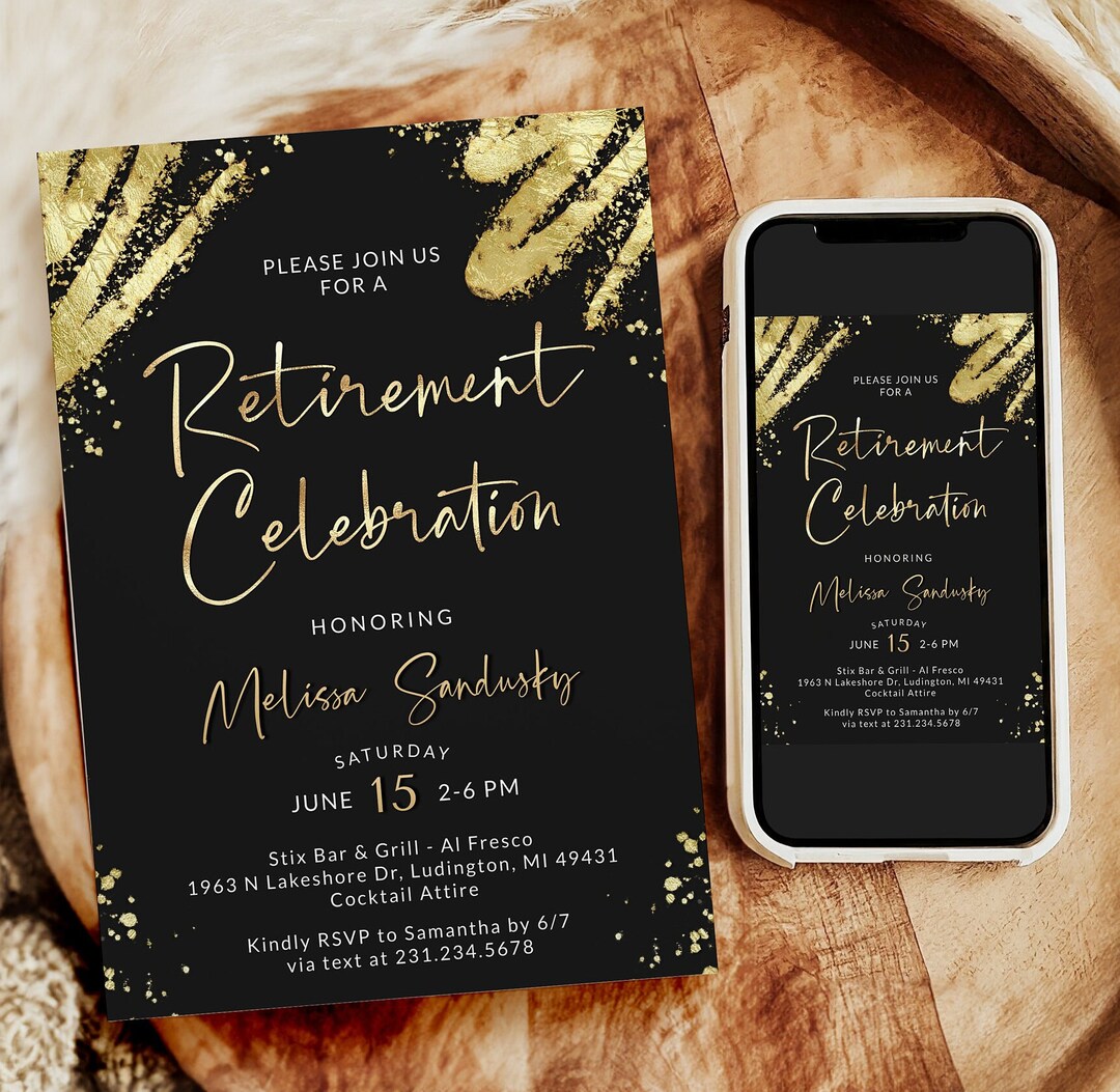 Retirement Party Invitation Black and Gold Work Retire Party Mens ...