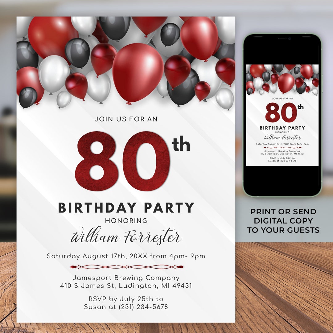 Balloons 80th Birthday Invitation - Adult EIGHTY Birthday Invite - Red ...