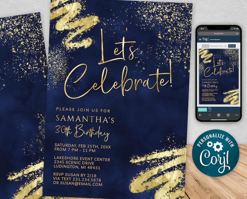 Navy Blue and Gold Birthday Party Invitation Template Digital - Etsy