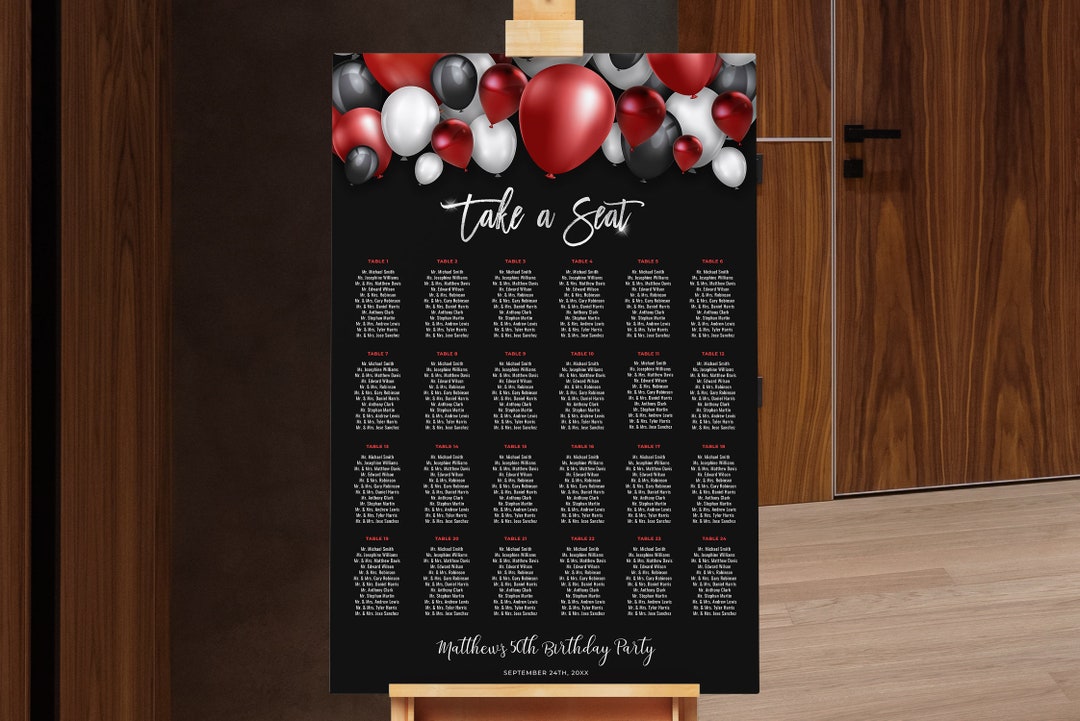 Party Seating Chart - Red Black Silver Seating Chart - Editable Digital ...