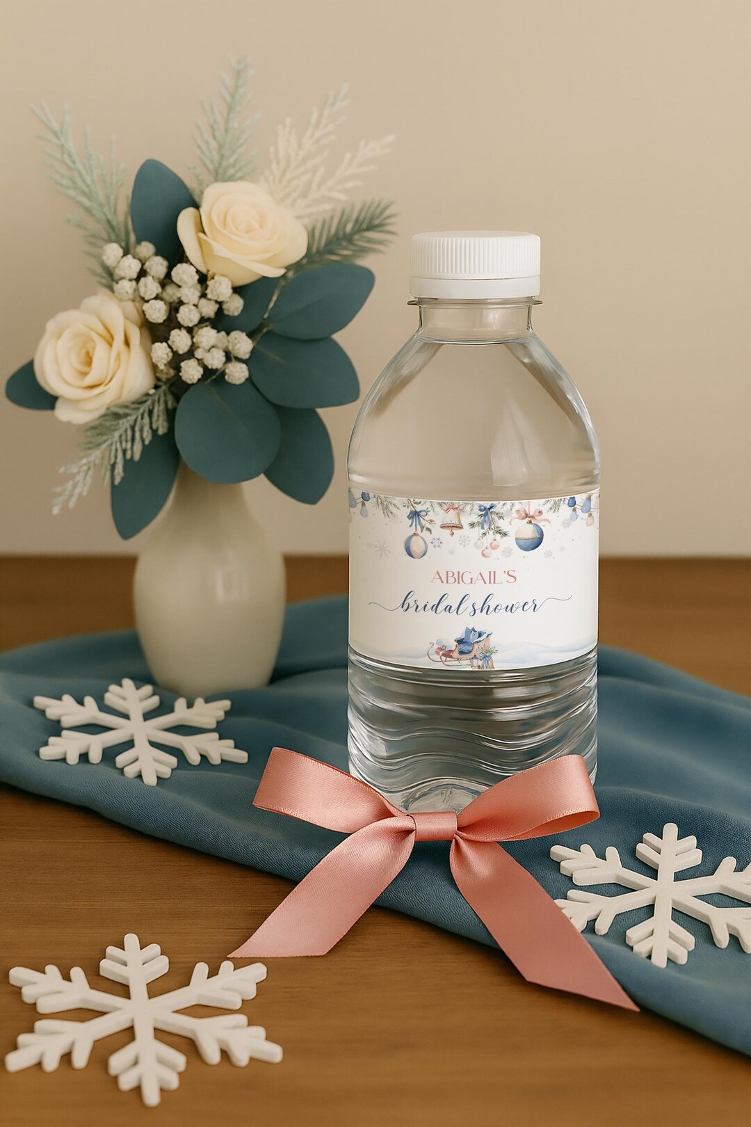 Snow in Love Winter Water Bottle Label Template - Bow Sleigh Blush Pink ...