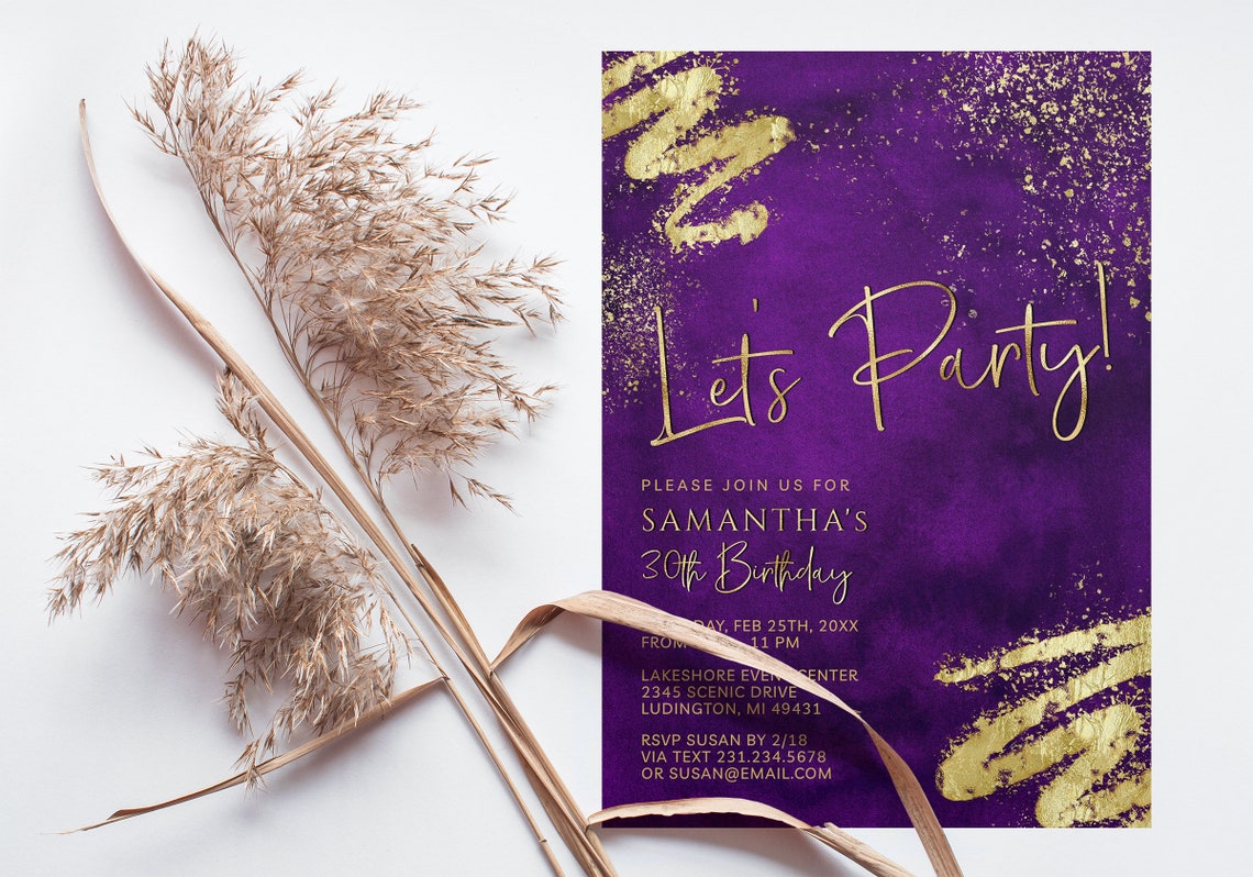 Luxury Purple and Gold Birthday Party Invitation Template - Etsy