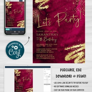 Luxury Maroon Red and Gold Birthday Party Invitation Template Digital ...