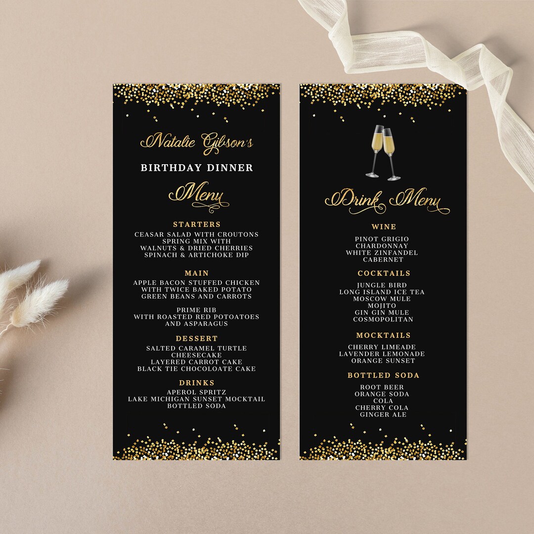 Menu Template and Drink Menu Template Sparkly Glitter Gold Menu Card ...