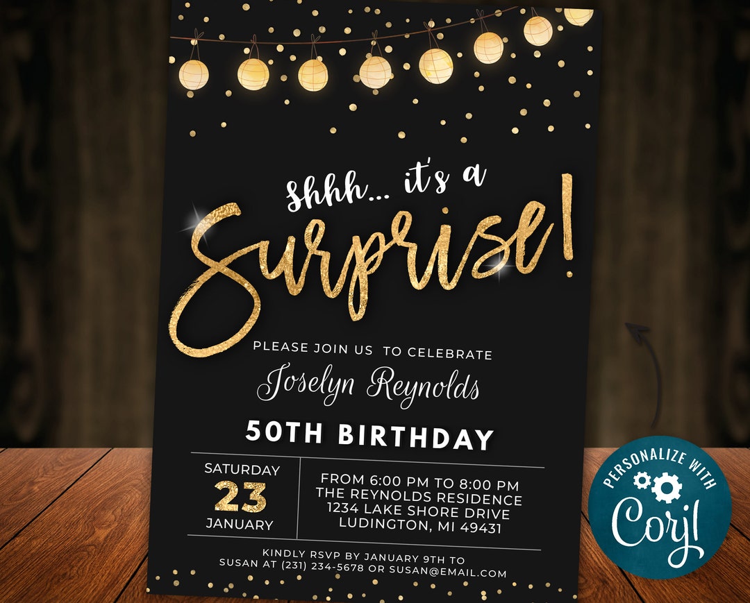 Surprise Birthday Invitation Invite Party ANY AGE Black Gold Glitter ...