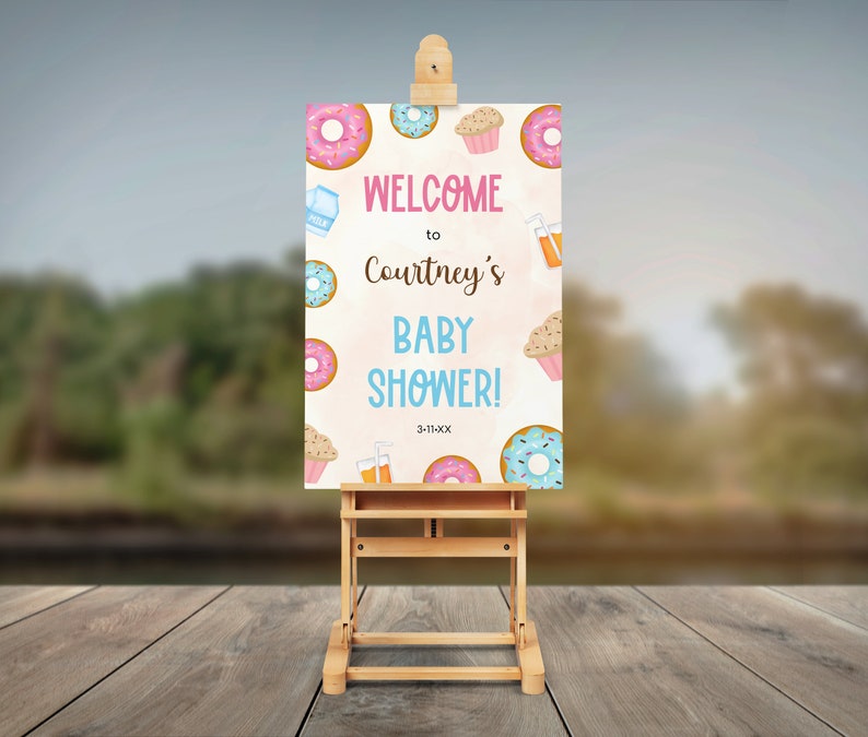 Two Sweet - Baby Shower Welcome Sign Template With Donuts, Milk ...