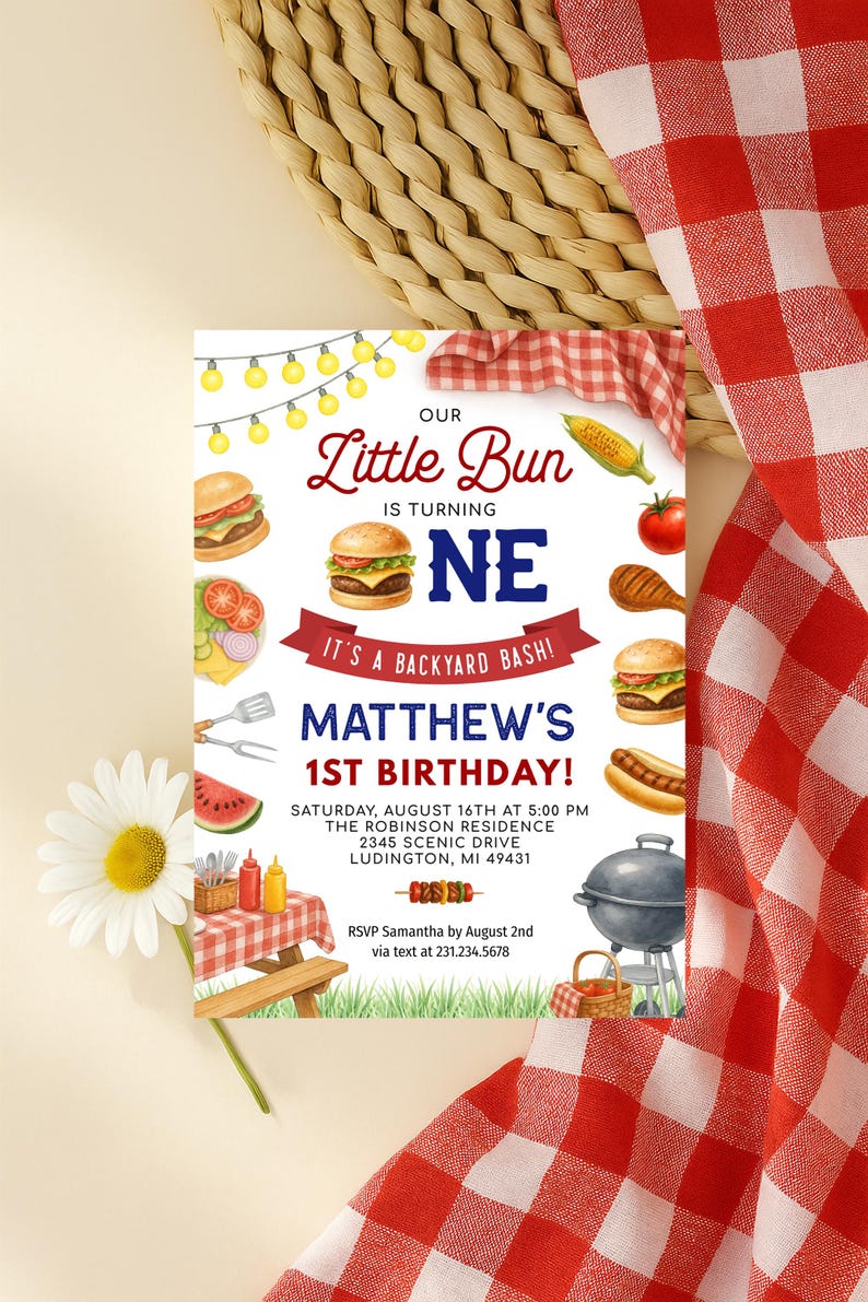 BBQ 1st Birthday Invitation – Boy 1st Birthday Invite - Cookout Party ...