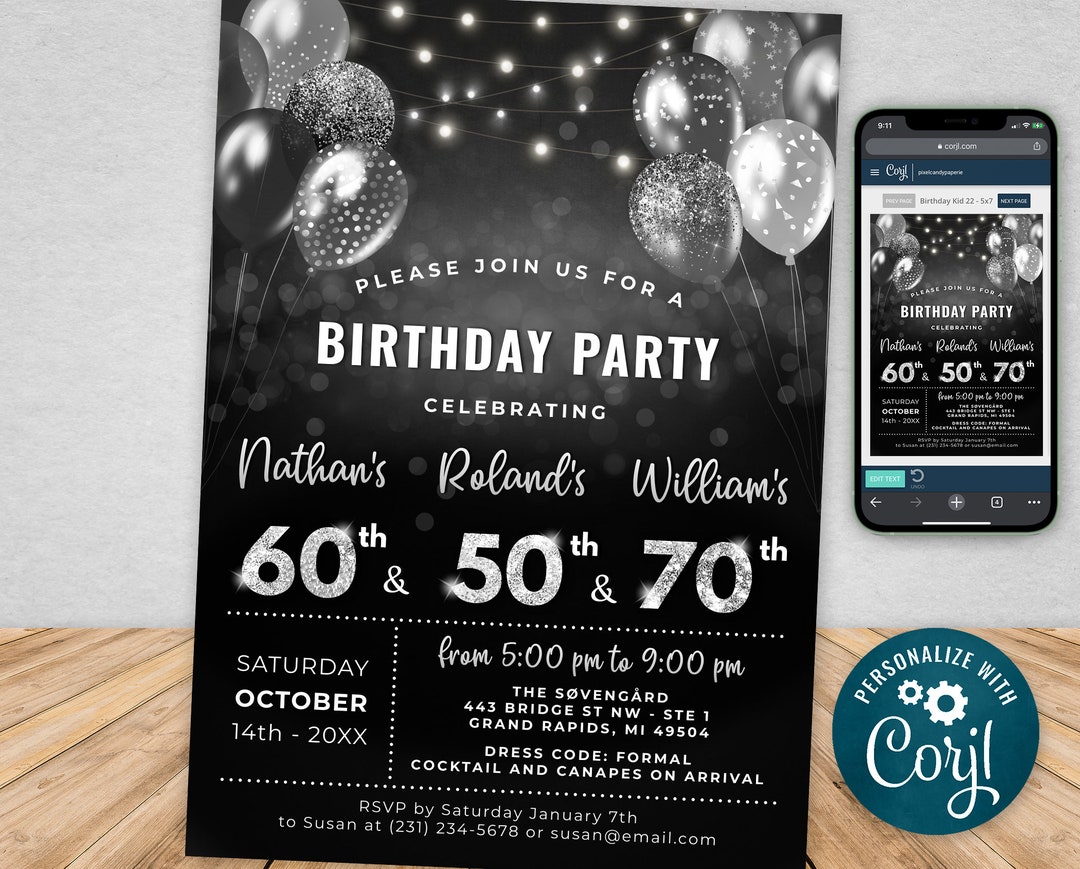 Triple Birthday Invitation Black Silver Glitter Sparkle Balloons ...