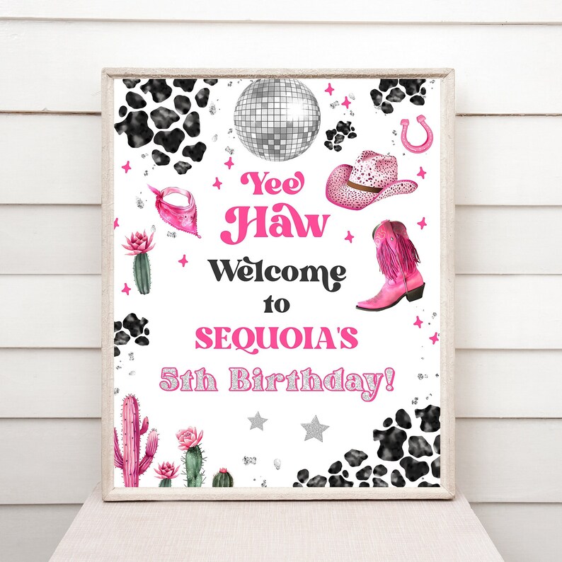 Editable Space Cowgirl Welcome Sign - Pink Disco Cowgirl Party ...