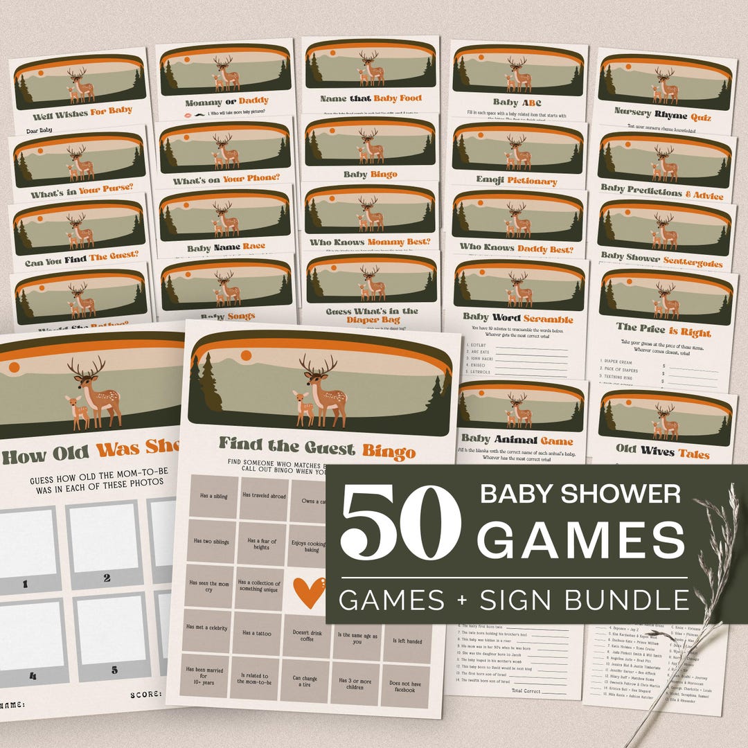 Retro Woodland Deer Boy Baby Shower Games Bundle - Little Deer Baby ...