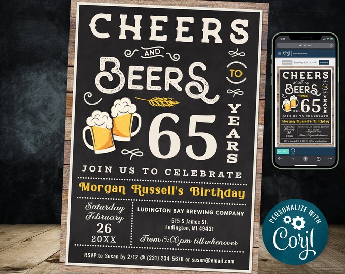 65th Cheers and Beers Birthday Party Invitation SIXTY FIVE - Etsy