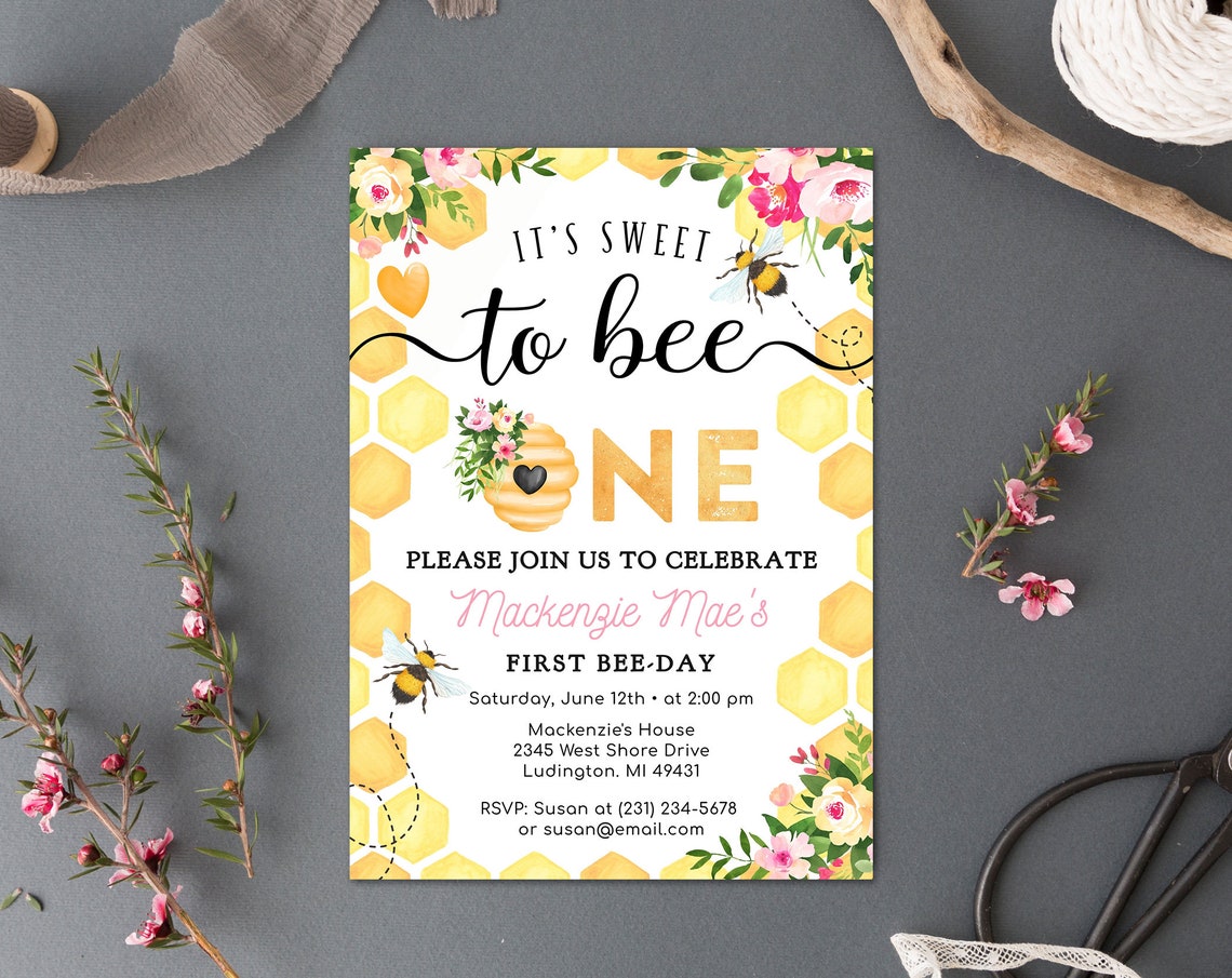 Editable Bee Birthday Party Invitation 1st Birthday | Etsy