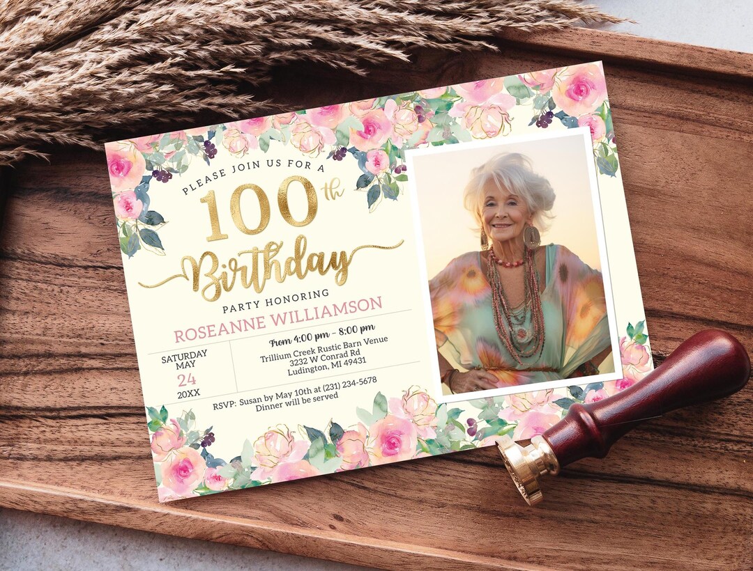 100th Birthday Photo Invitation - Adult 100 Birthday Invite - Gold ...