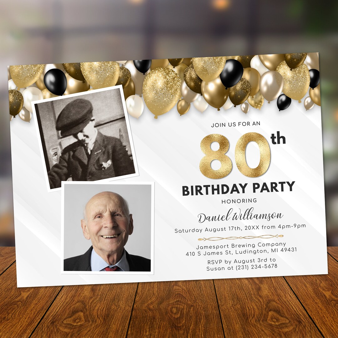 Balloons 80th Birthday 2 Photo Invitation - Adult Birthday Invite ...