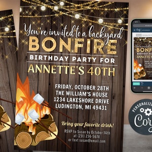 Rustic Backyard Bonfire Invitation, Campfire Birthday Party Invite ...