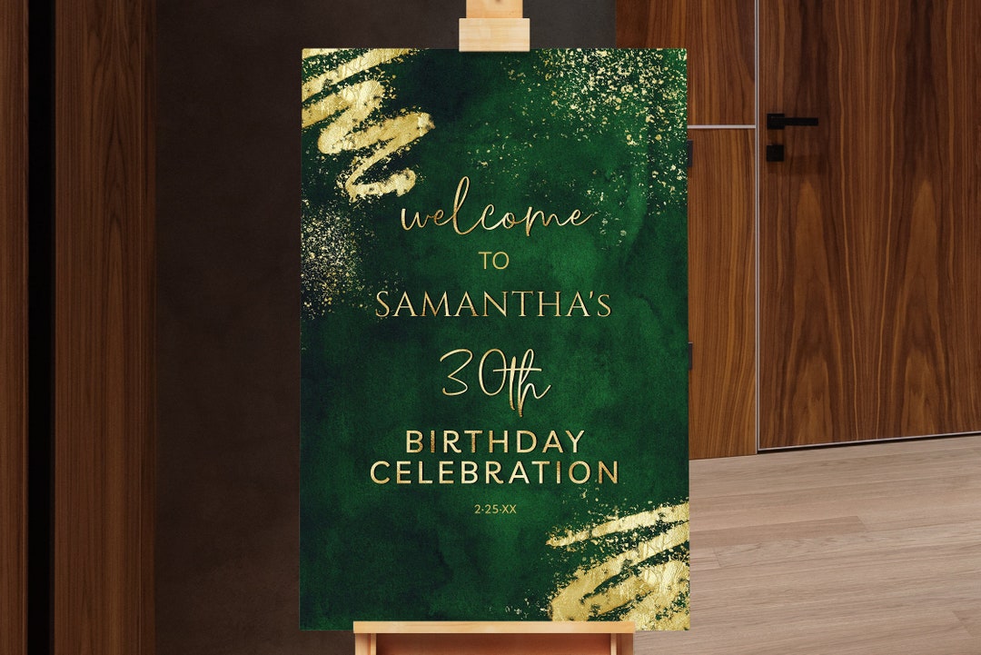 Birthday Welcome Sign Birthday Welcome Poster Green and Gold Glitter ...