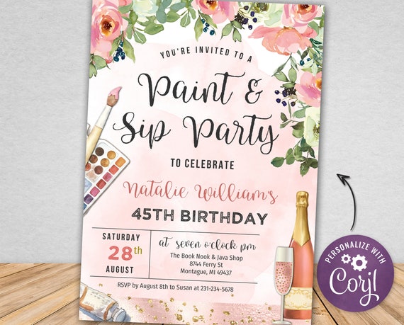 Paint and Sip Party Invite Rose Gold Adult Paint Party | Etsy
