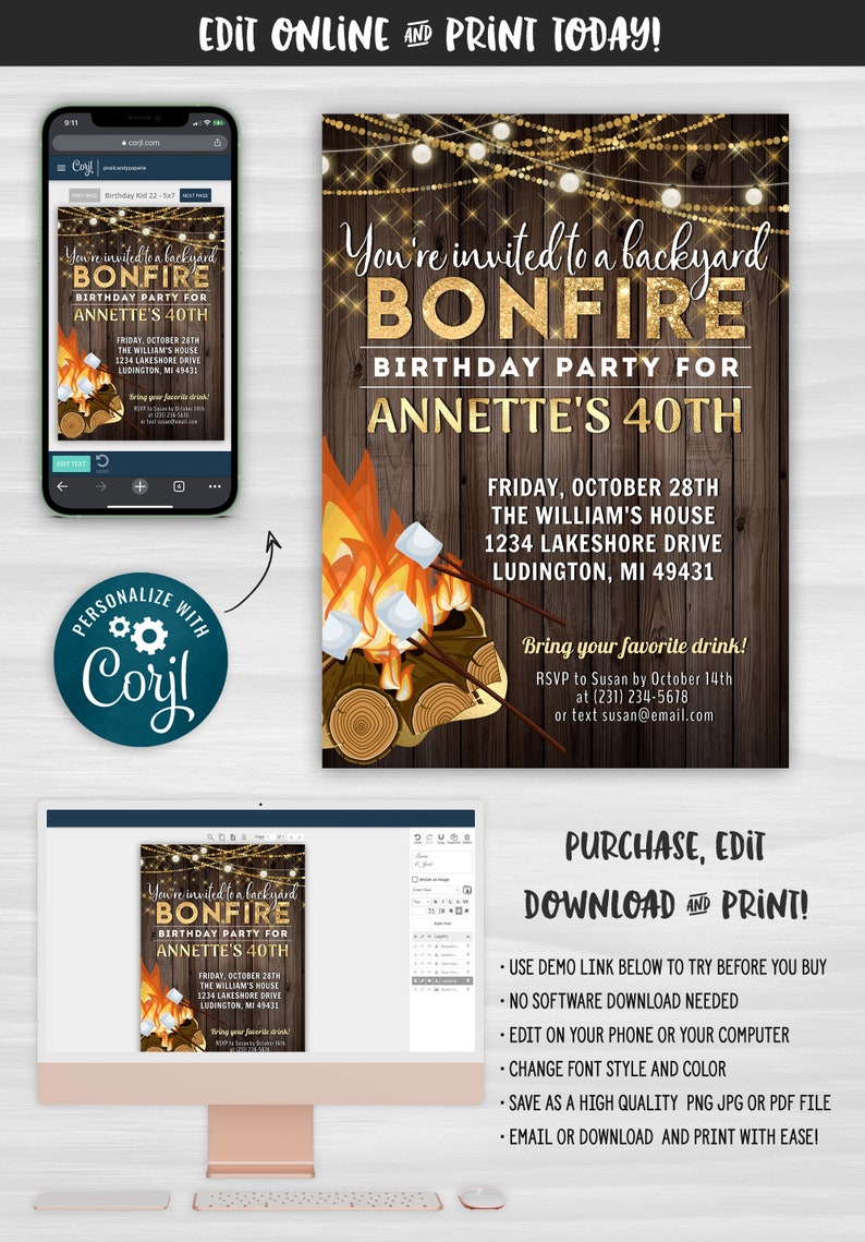 Rustic Backyard Bonfire Invitation Campfire Birthday Party - Etsy