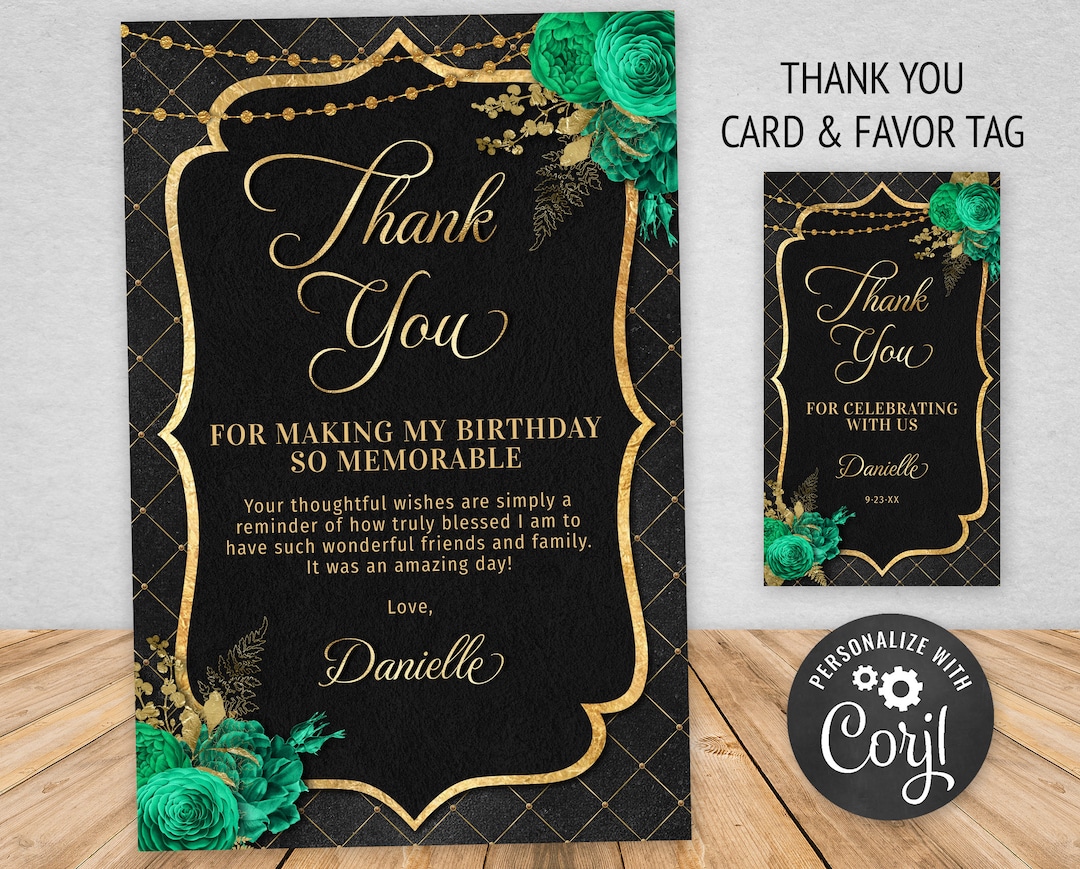 Editable Thank You Card + Tag Template - Black and Gold With Emerald ...