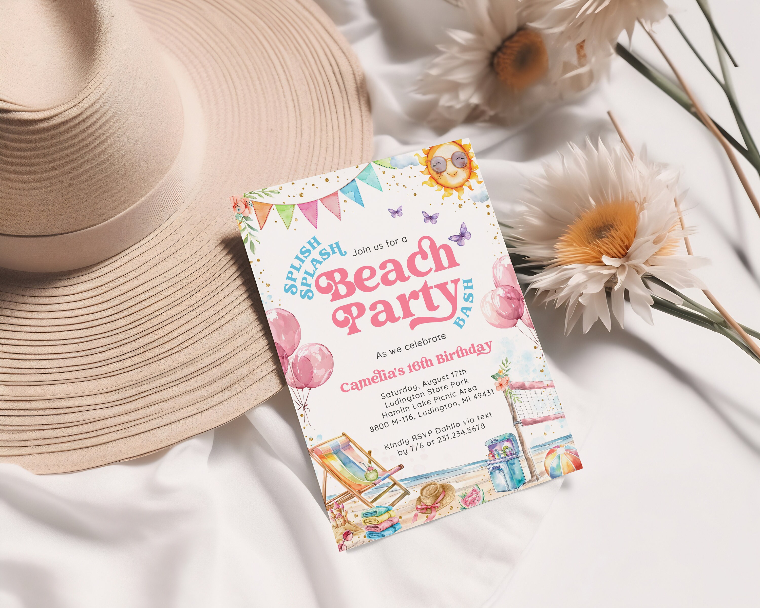 Editable Beach Birthday Party Invitation - Girl Beach Trip - Summer ...