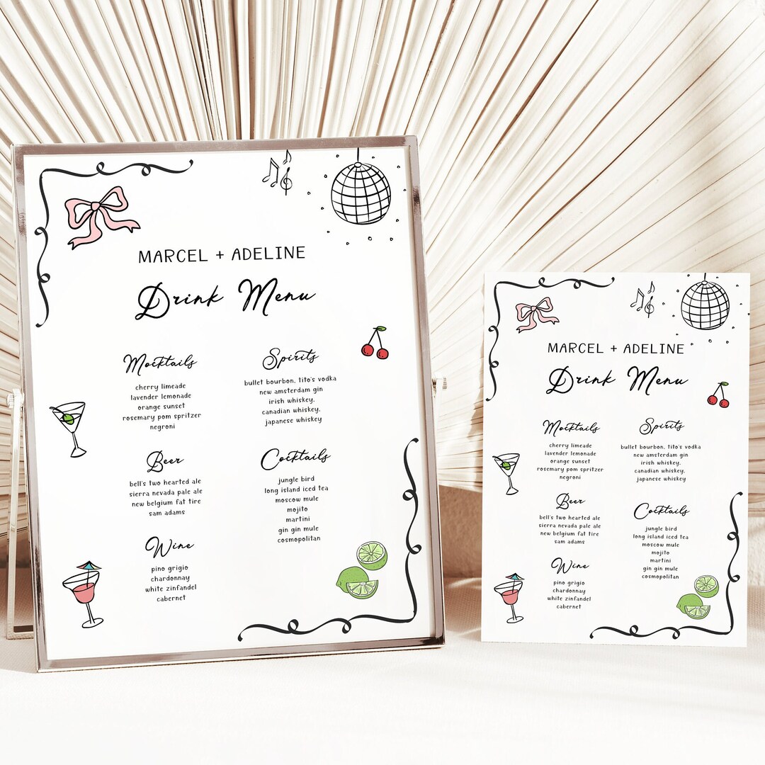 Hand Drawn Drink Menu Template Bar Menu Bespoke Coquette Engagement ...