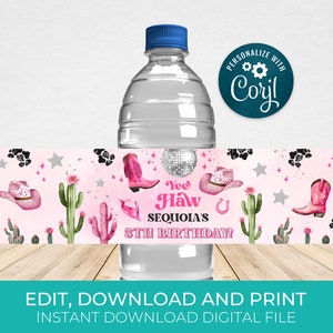 Editable Space Cowgirl Water Bottle Label Template - Pink Disco Cowgirl ...